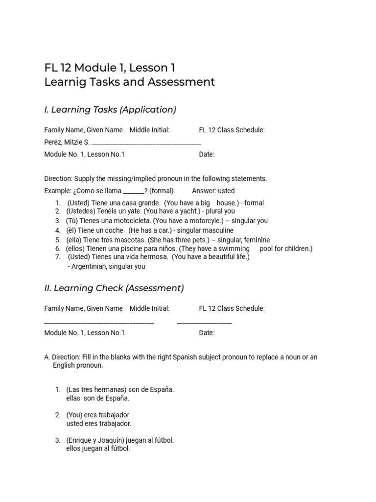 FL 12 Module 1, Lesson 1 Learning Tasks and Assessment For Online ...