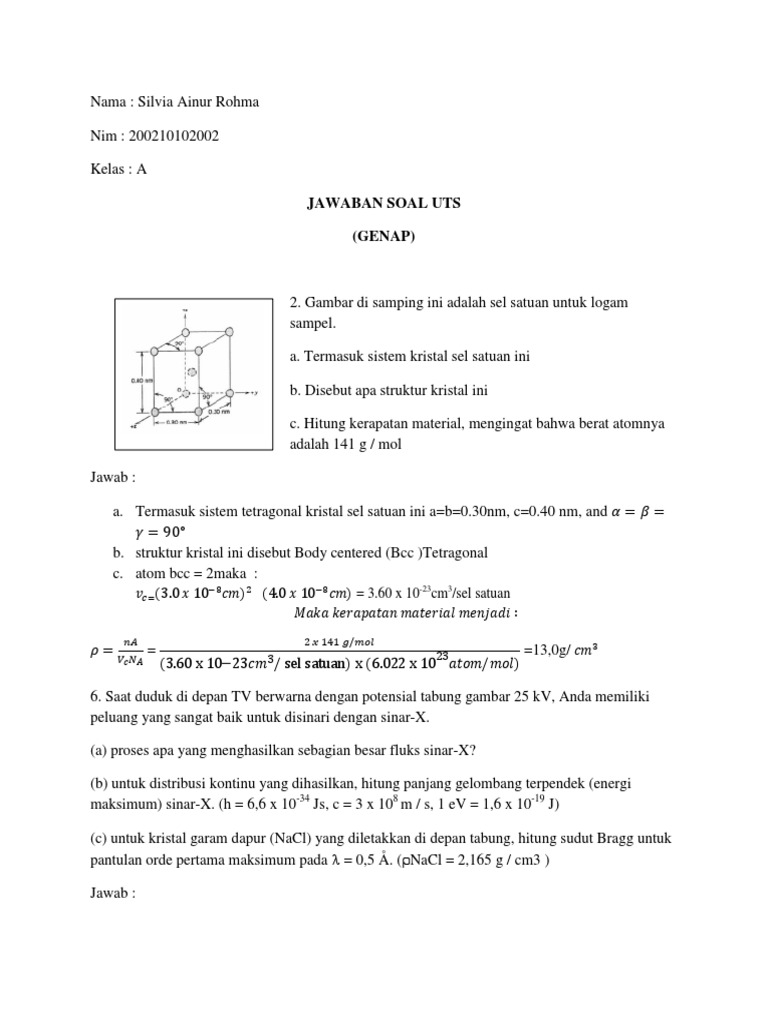 Jawaban Soal Uts Fisika Zat Padat | PDF | Sains & Matematika