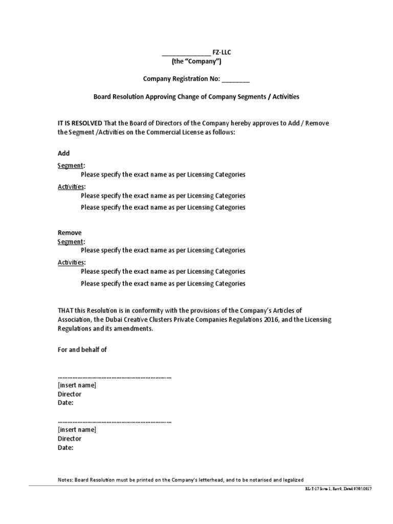 Notes: Board Resolution Must Be Printed On The Company's Letterhead ...