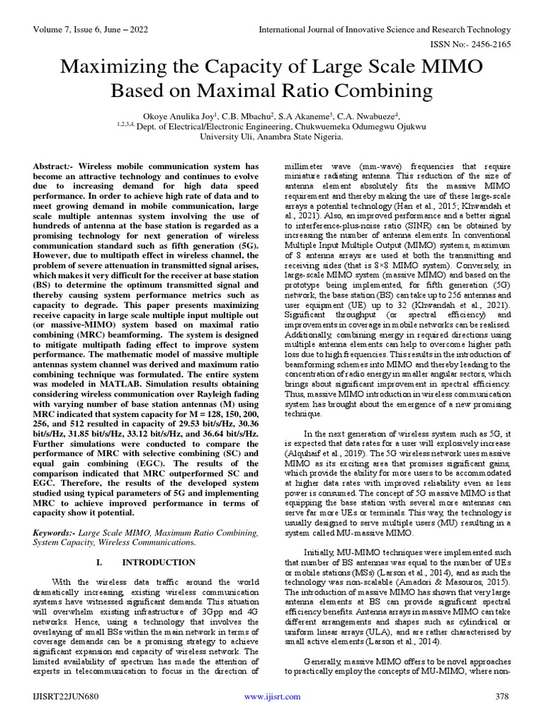 Maximizing The Capacity of Large Scale MIMO Based On Maximal Ratio Combining | PDF | Mimo ...