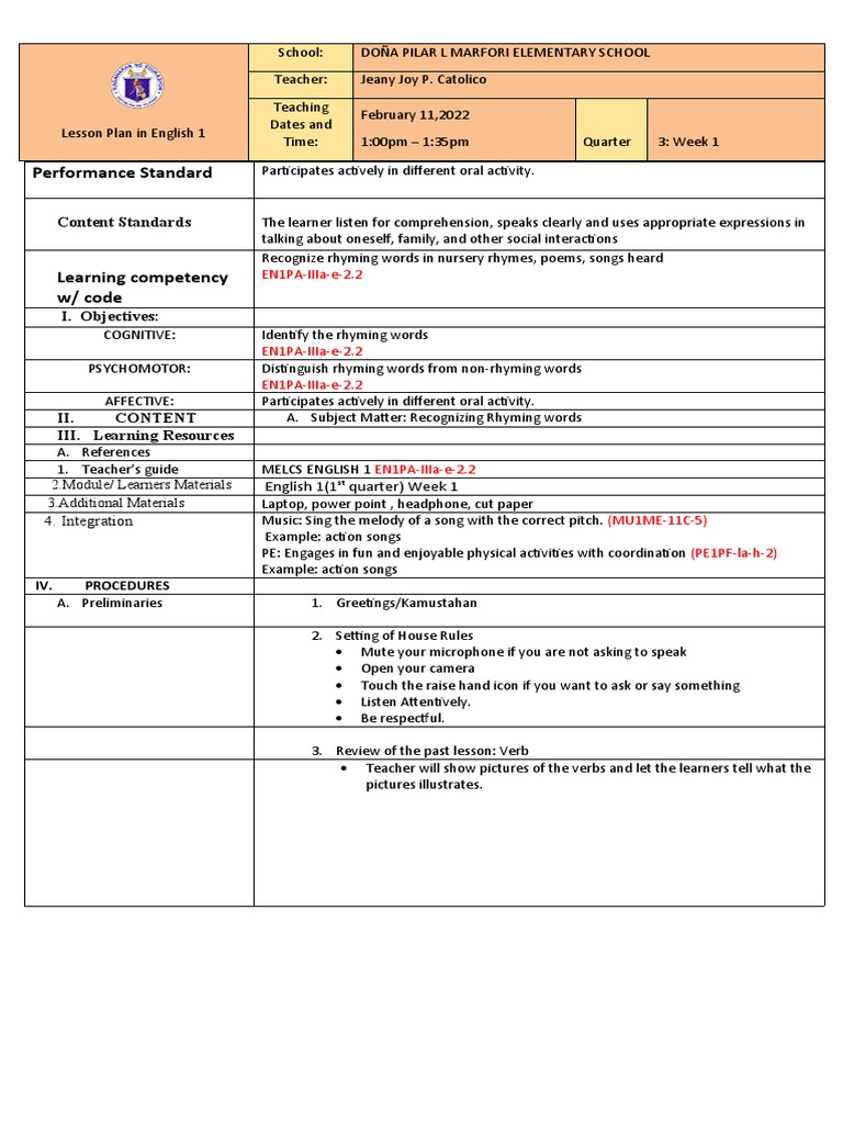 English 1 Lesson Plan: Rhyming Words | PDF | Teachers | English Language