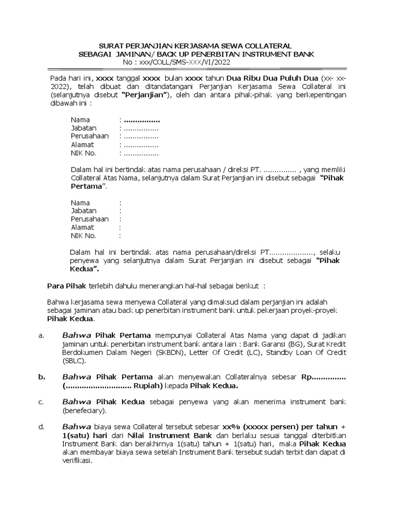 Draft Perjanjian Kerjasama Sewa Collateral | PDF