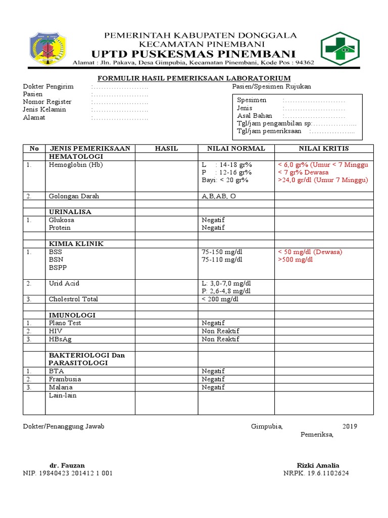 8.1.6 EP 2-3 Form Hasil Pemeriksaan Lab | PDF