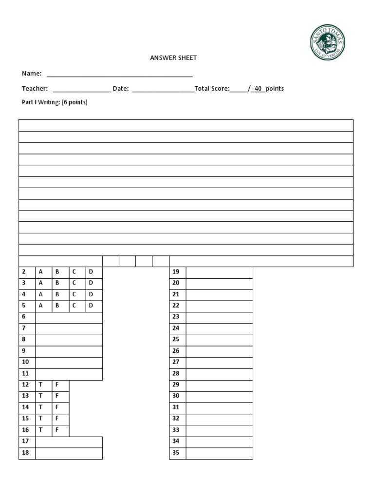 Answer Sheet Name: - Teacher: - Date: - Total Score: - / - 40 - Points ...
