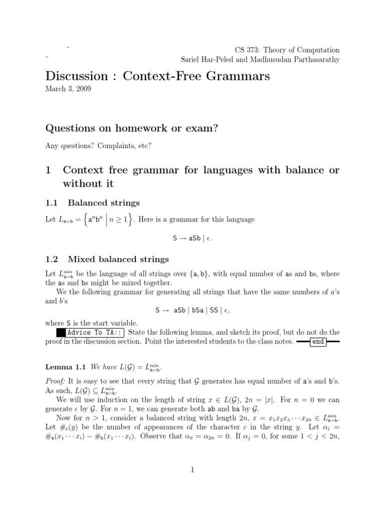 Discussion: Context-Free Grammars: Questions On Homework or Exam? | PDF | Syntax (Logic) | Metalogic