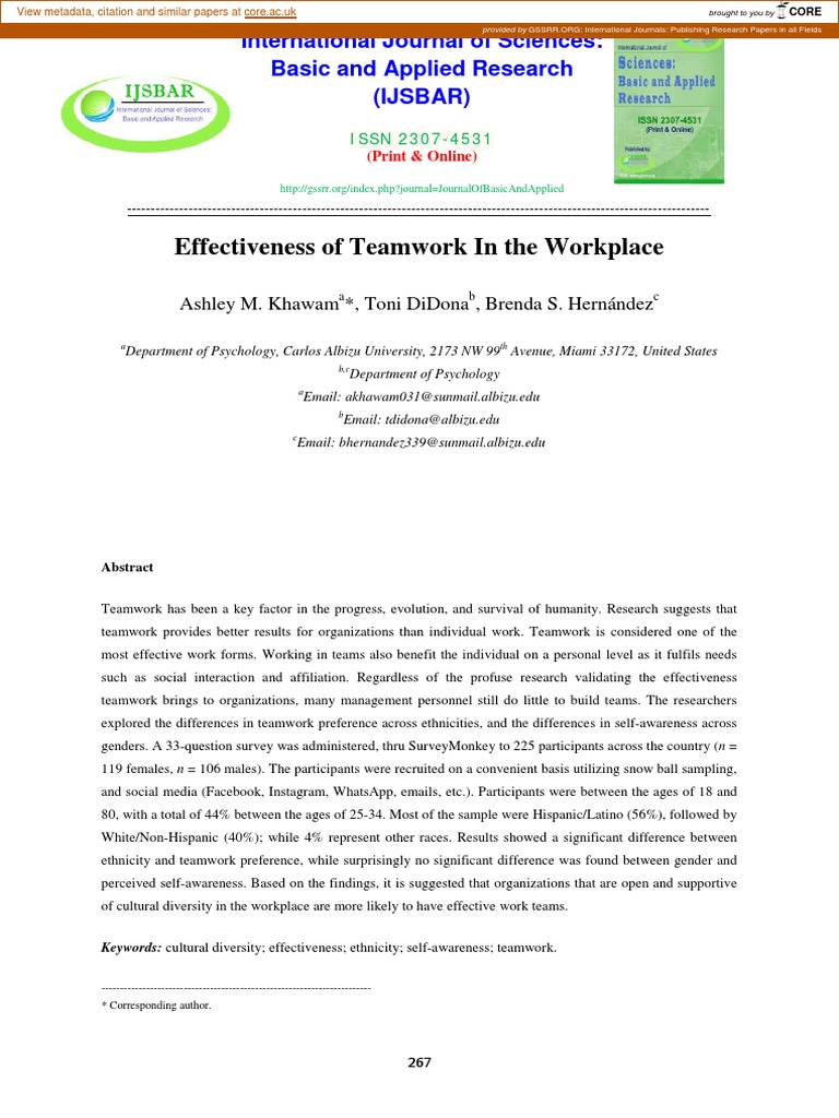 Effectiveness of Teamwork in The Workplace: International Journal of ...
