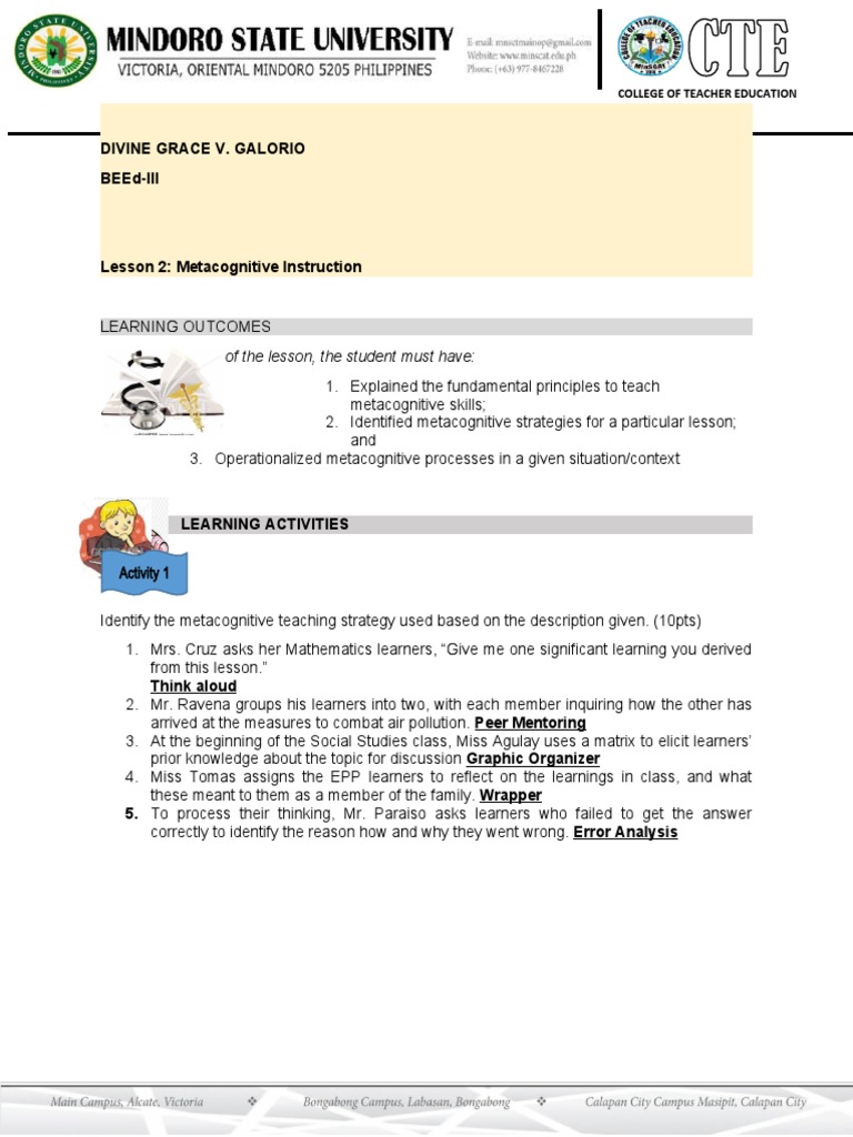 Metacognitive Instruction Strategies Guide | PDF | Metacognition | Learning