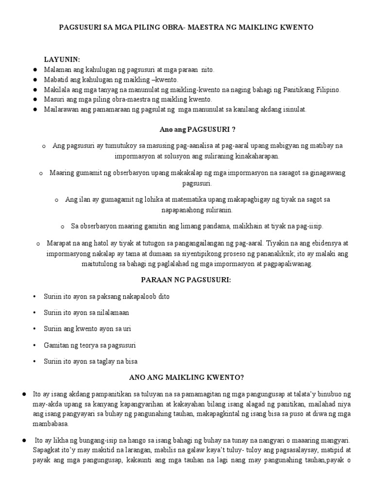 Pagsusuri Sa Mga Piling Obra - Maestra NG Maikling Kwento | PDF