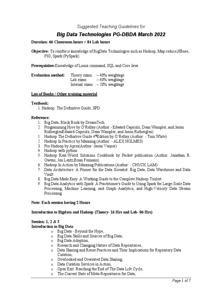 PG-DBDA Big Data Technologies Syllabus | PDF | Apache Hadoop | Apache Spark