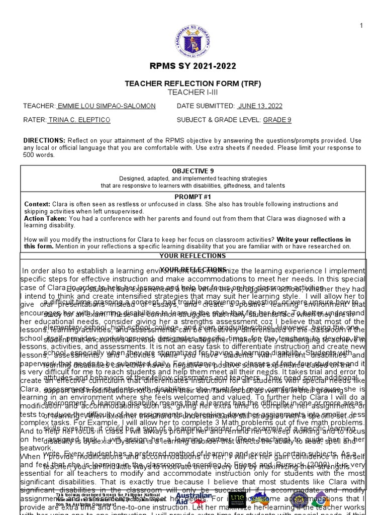 (Appendix 4A) Teacher Reflection Form For T I-III For RPMS SY 2021-2022 ...