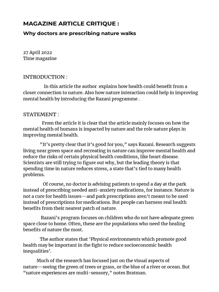 Magazine Article Critique:: Why Doctors Are Prescribing Nature Walks ...