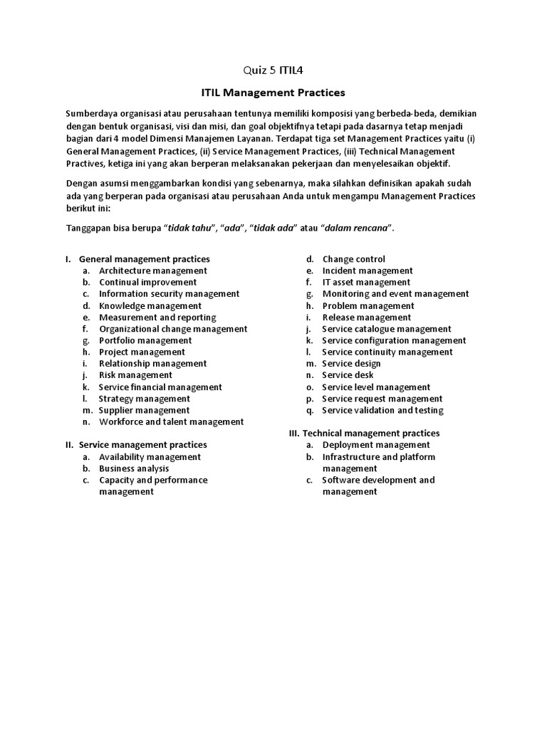 Quiz 5 ITIL4 IT Management Practice | PDF