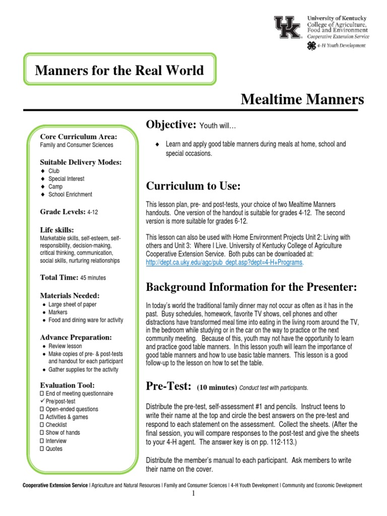 Mealtime Manners for Youth Education | PDF | Menu | Food And Drink