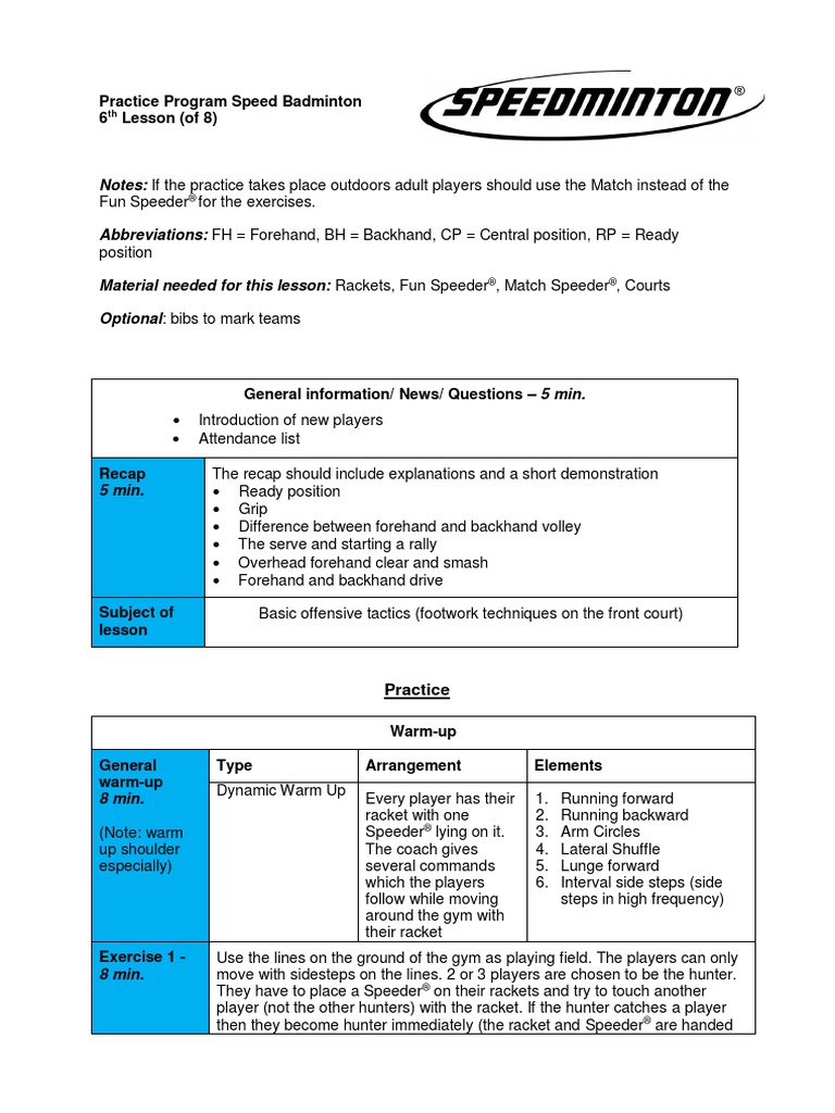 Practice Program Speed Badminton 6 Lesson (Of 8) | PDF | Recreation ...