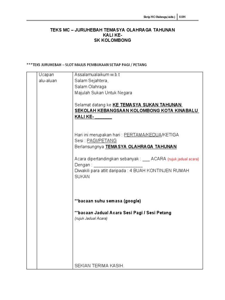 Teks Juruhebah Sukan SKK 2022 | PDF