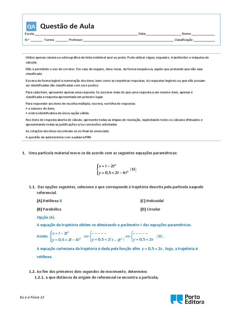 Ef12 Questao Aula 1 Resolucao PortoEditora | PDF | Velocidade | Trajetória
