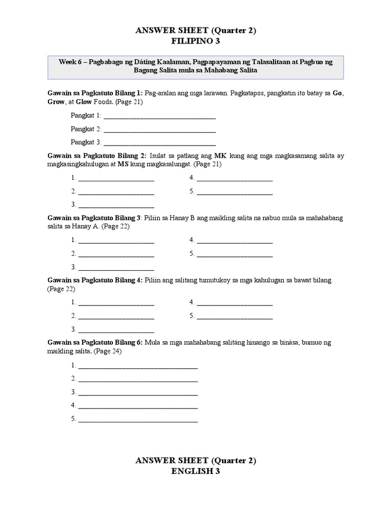 Grade 3 Answer Sheet Week 6 | PDF