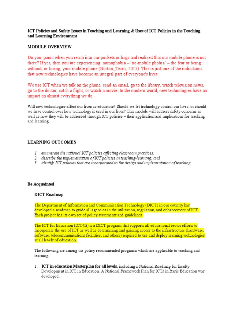 ICT Policies and Safety Issues in Teaching and Learning & Uses of ICT ...