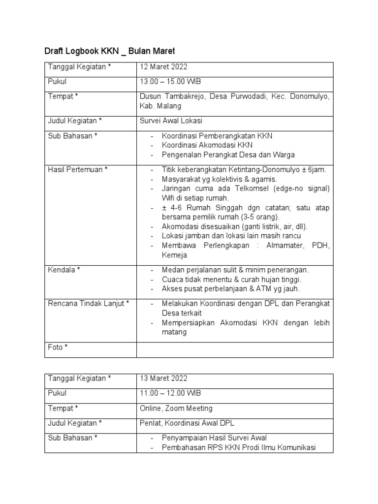 0 - Draft Logbook KKN - Bulan Maret | PDF