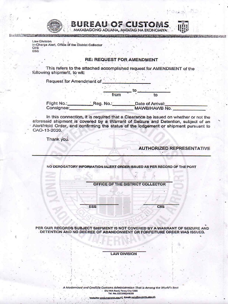 Request for Amendment of BL NAIA | PDF
