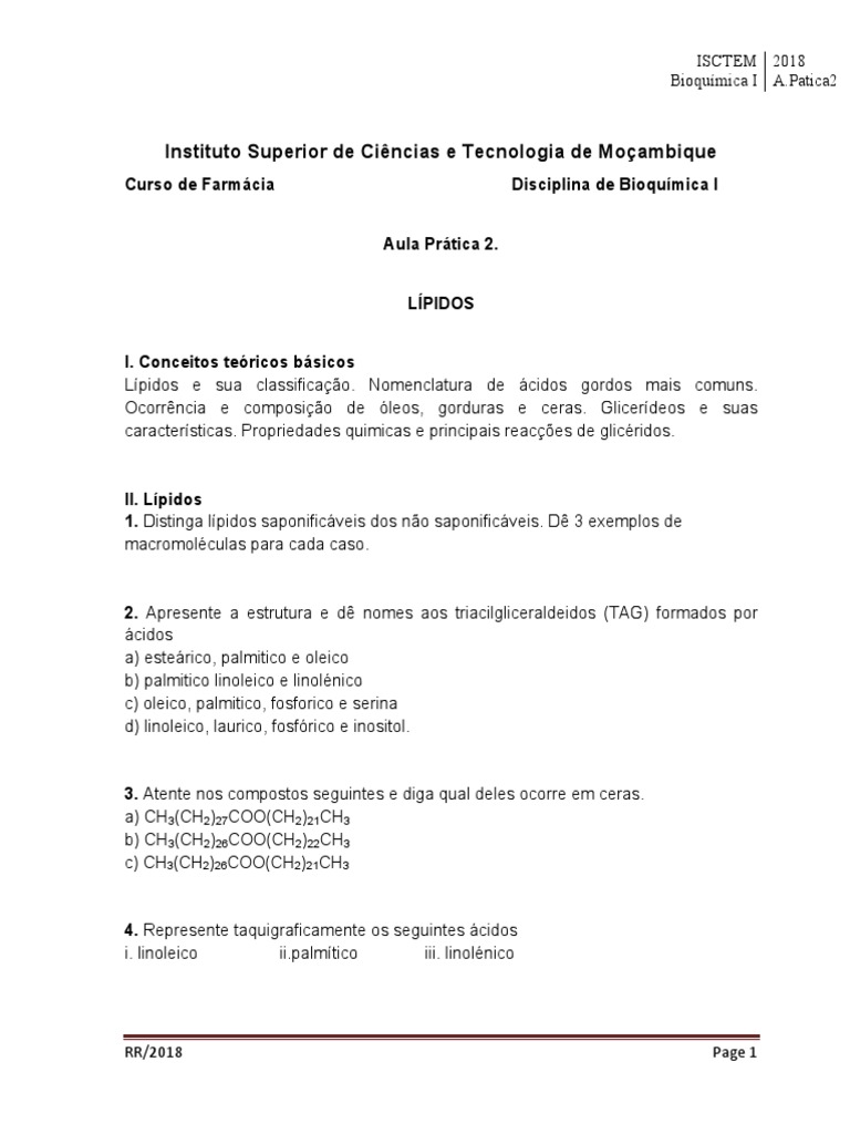 Bioq. I - Aula Prática. 2 - Lípidos | PDF | Lipídio | Triglicerídeo
