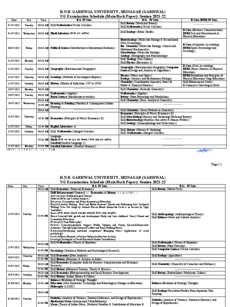 Examination Date Sheet B A B Sc B Com B P Ed Fourth And
