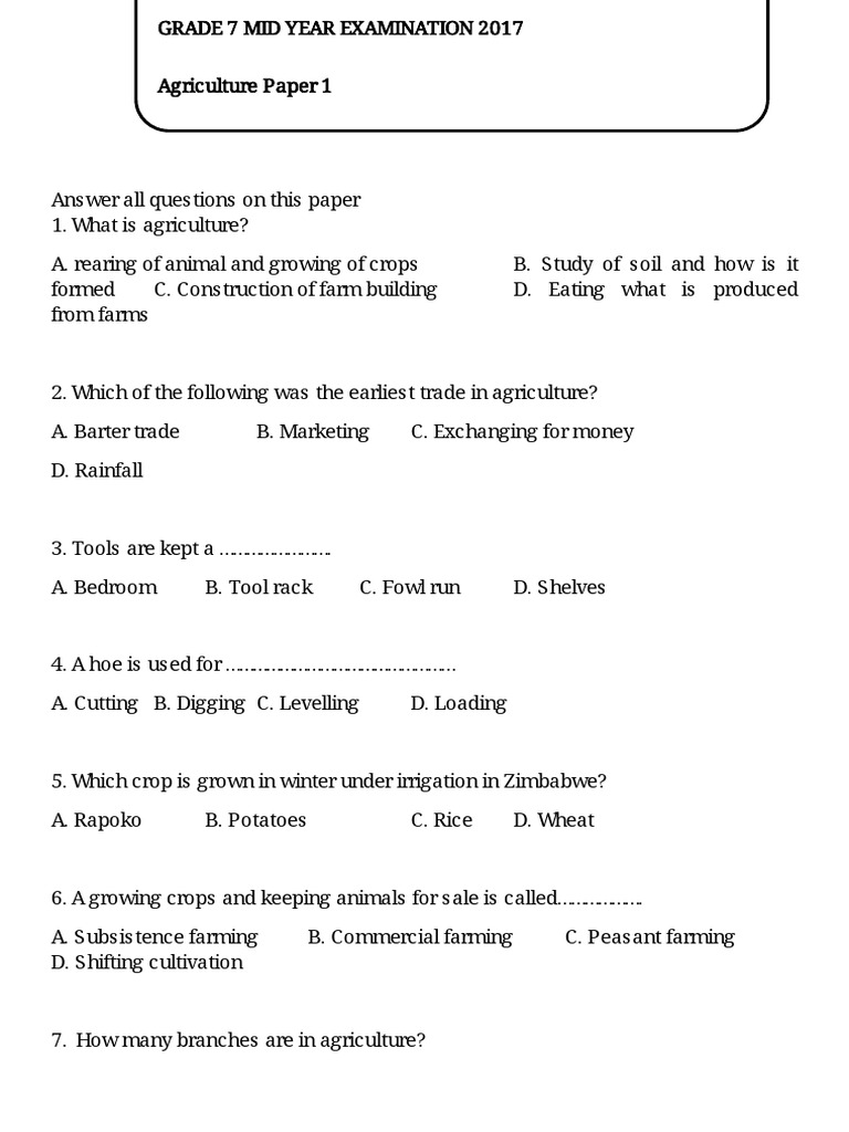 Grade 7 Agric 2017 | PDF