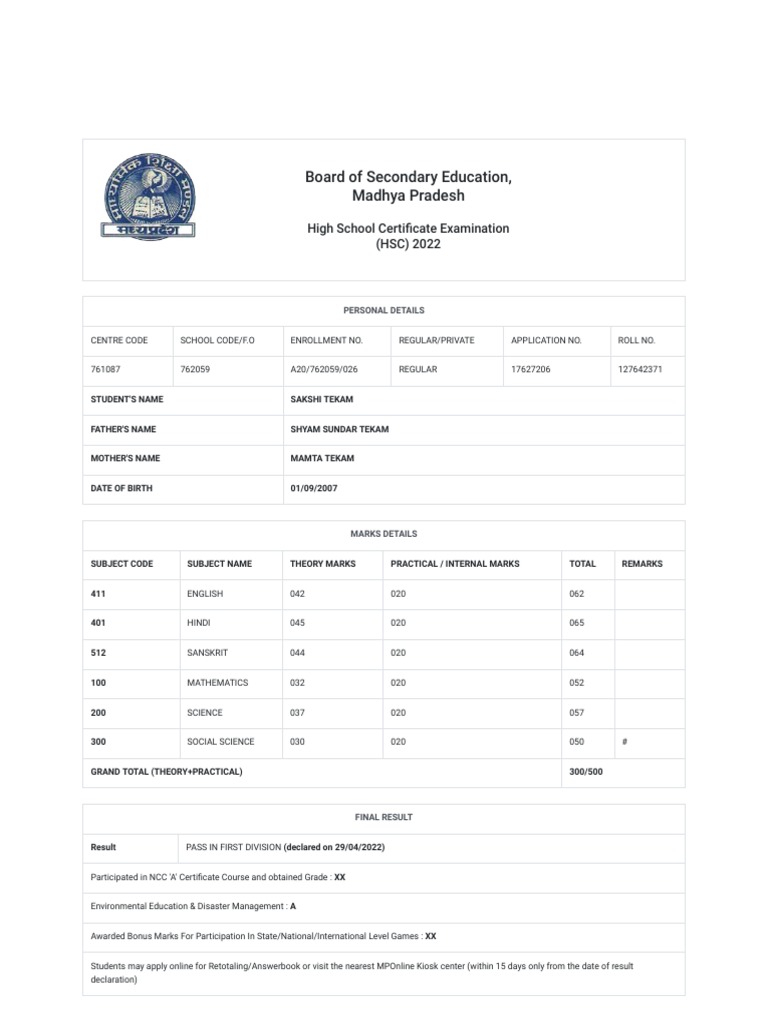HSC Certificate Details for Sakshi Tekam | PDF | Educational Assessment ...