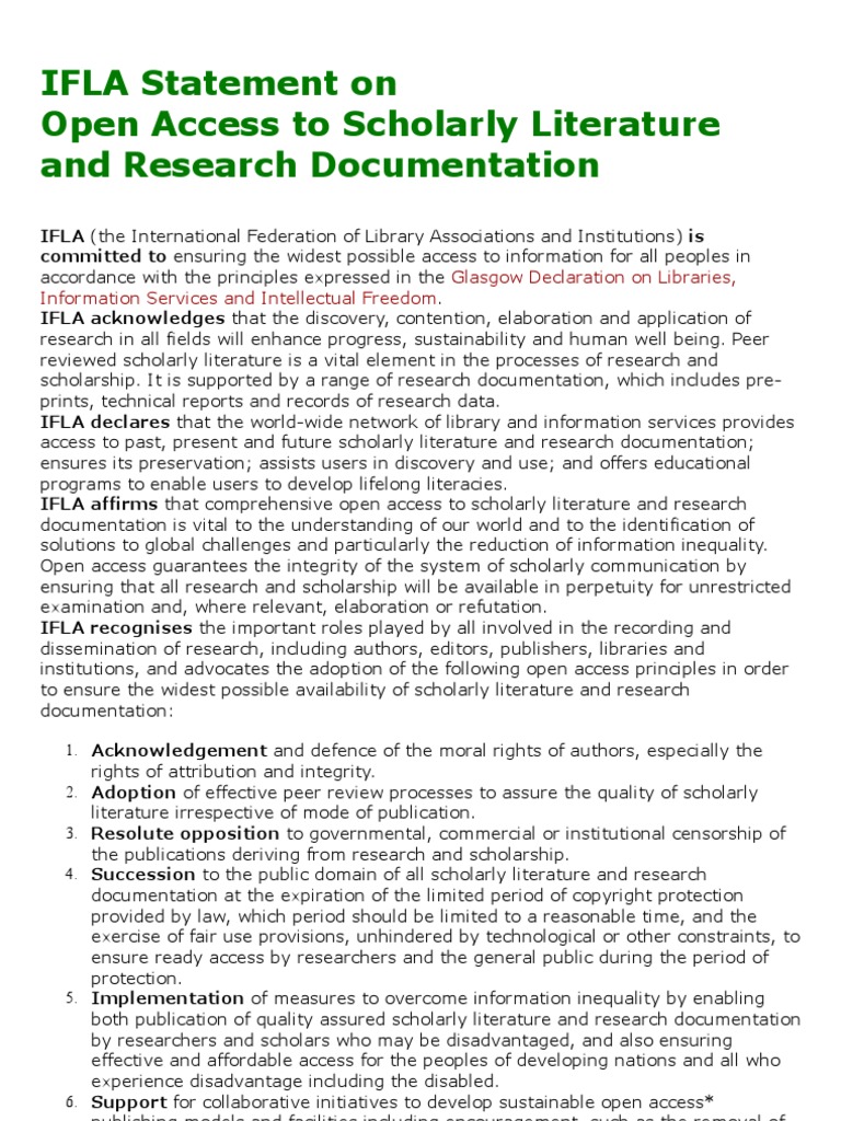 IFLA Statement On OA To SL and RD | PDF | Open Access | Publishing