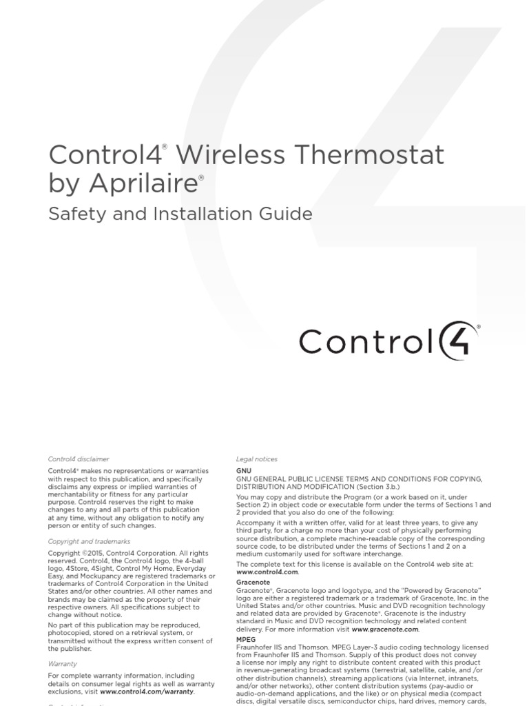 Control4 Wireless Thermostat by Aprilaire Installation Guide Rev A ...