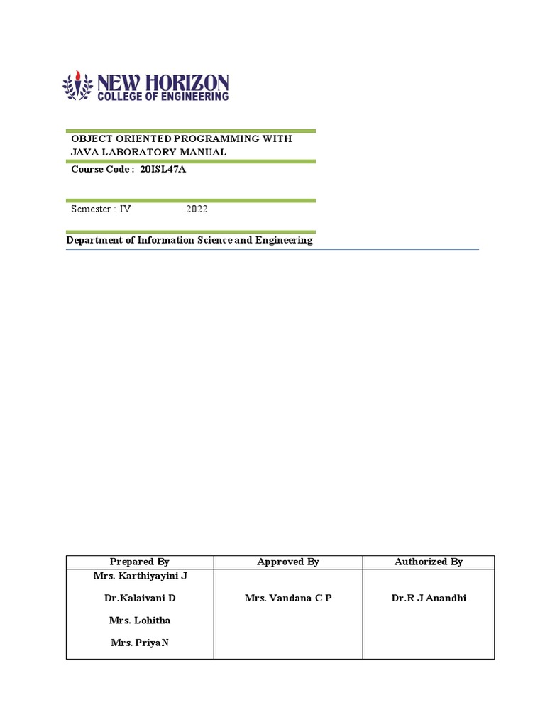 20ISL47A OOPS With JAVA Lab Manual | PDF | Computer Programming | String (Computer Science)