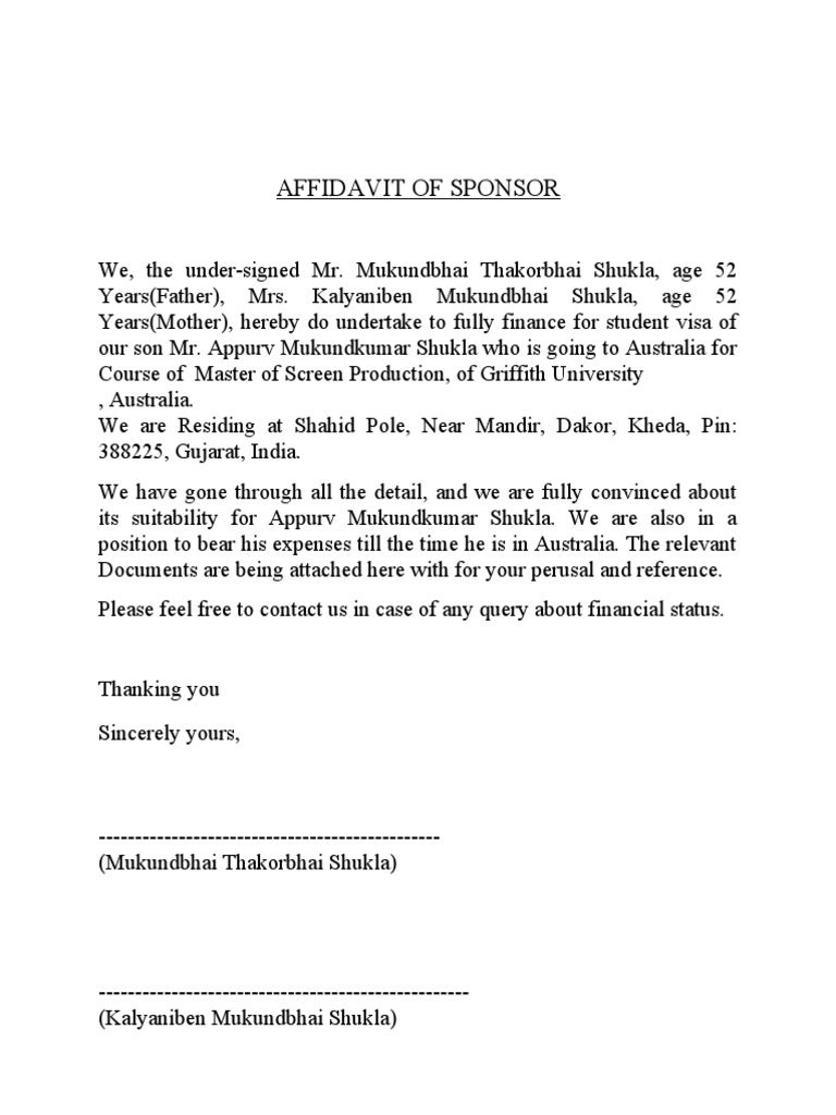 Sponsor Affidavit Parents Pdf
