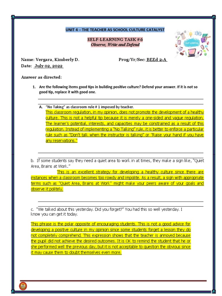 UNIT 4-Self-Learning Task #6 | PDF | Teachers | Learning