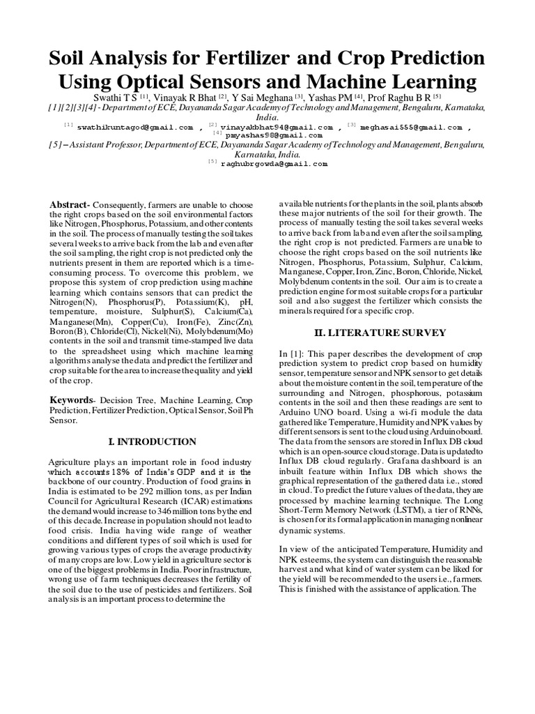 Soil Analysis For Fertilizer and Crop Prediction Using Optical Sensors ...