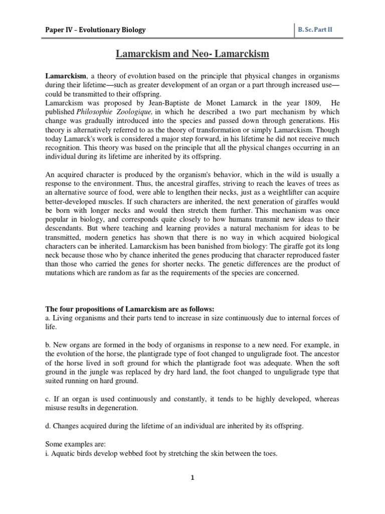 Lamarckism vs. Neo-Lamarckism Explained | PDF | Heredity | Evolution