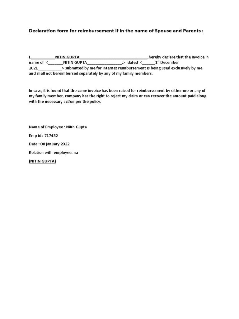 Declaration Form For Reimbursement If in The Name of Spouse and Parents ...