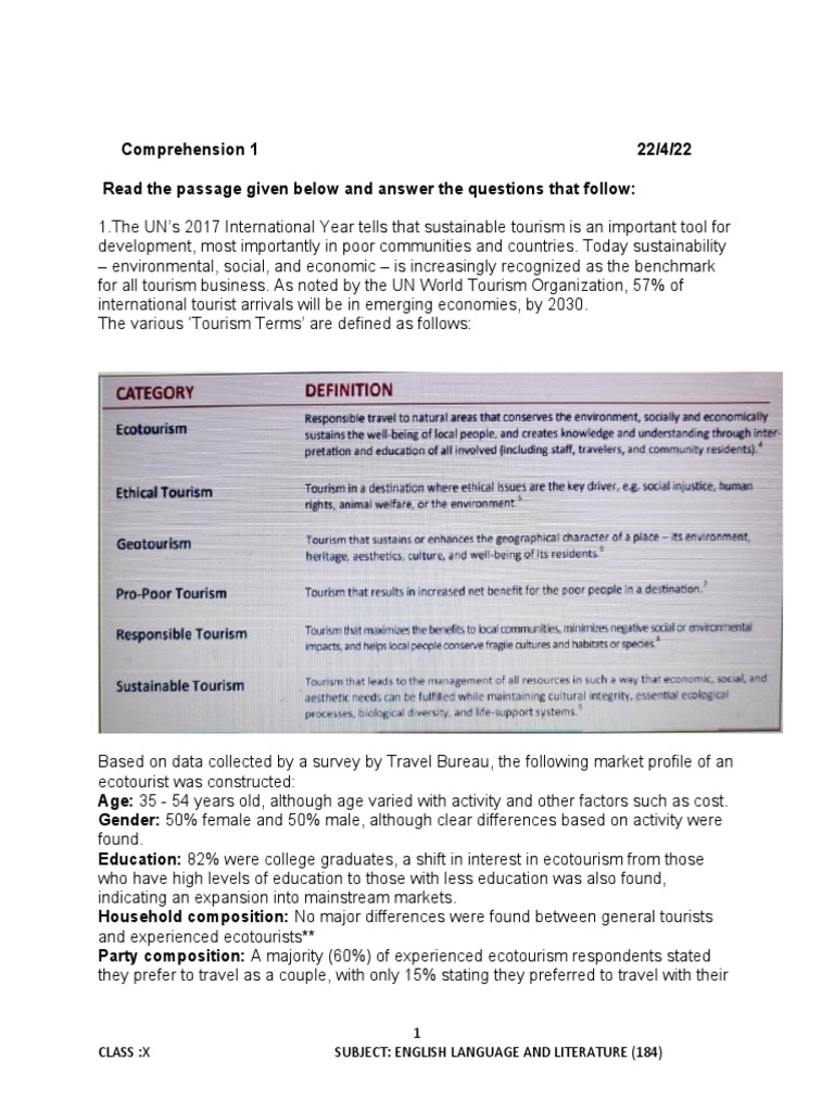 Comprehension for class 10 | PDF | Tourism | Economies