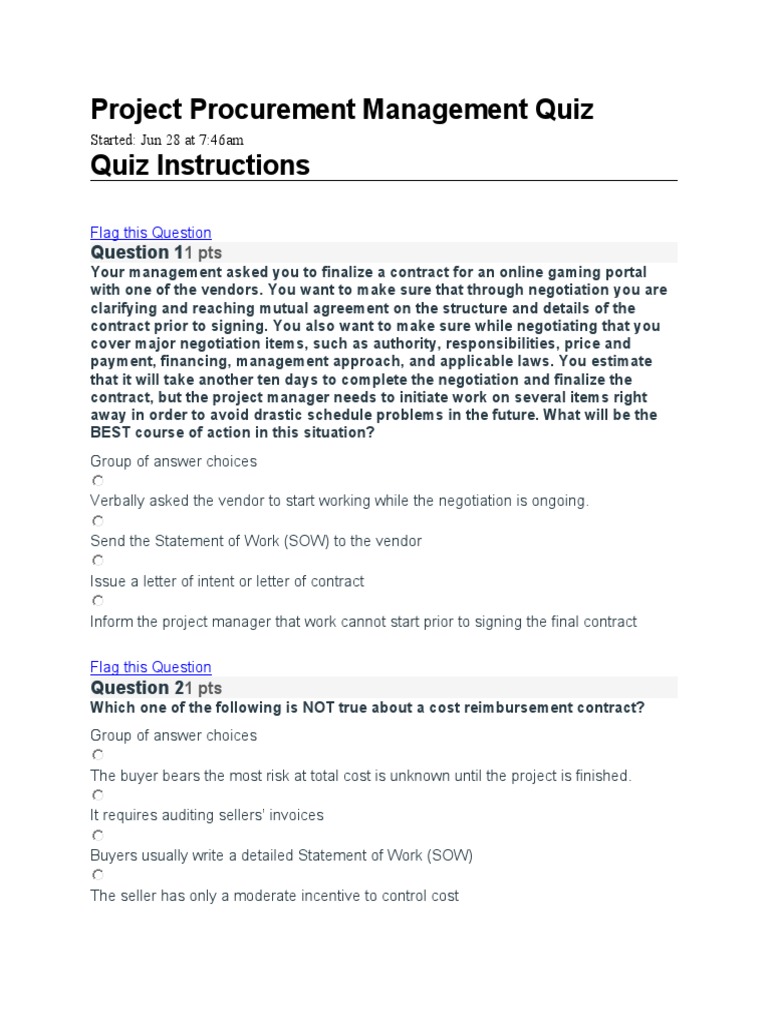 Project Procurement Management Quiz | PDF | Procurement | Negotiation