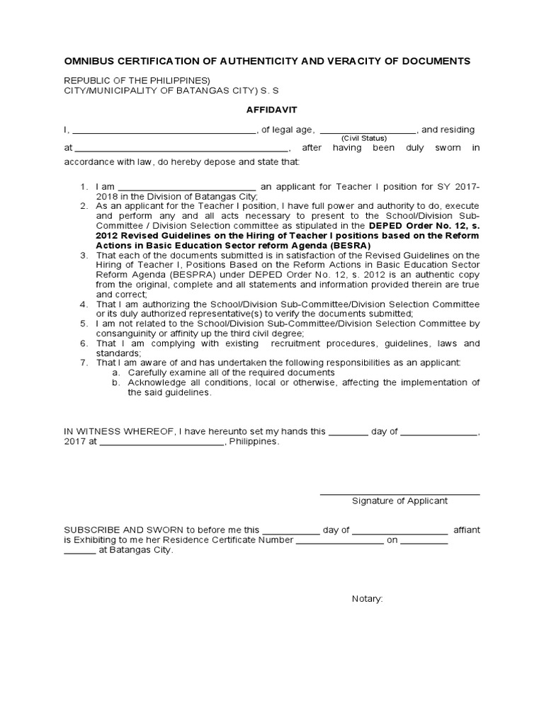 Omnibus Certification of Authenticity and Veracity of Documents | PDF | Affidavit | Civil Law ...