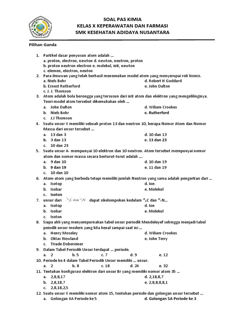 004 - SOAL PAS KIMIA KELAS X - SEMESTER 2 - 31-05-2022 (SOAL Dan JAWABAN) | PDF