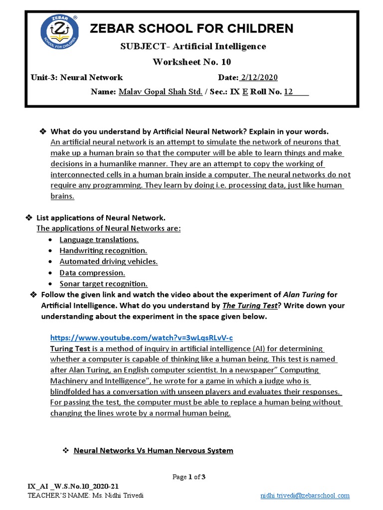Zebar School For Children: SUBJECT-Artificial Intelligence Worksheet No ...