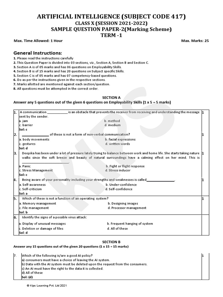 Artificial Intelligence (Subject Code 417) : SAMPLE QUESTION PAPER-2 ...