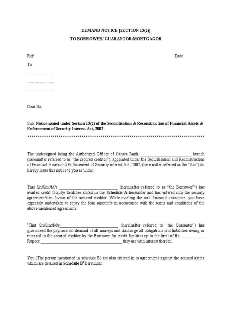 Demand Notice (Section 13 (2) ) To Borrower/ Guarantor/Mortgagor | PDF ...