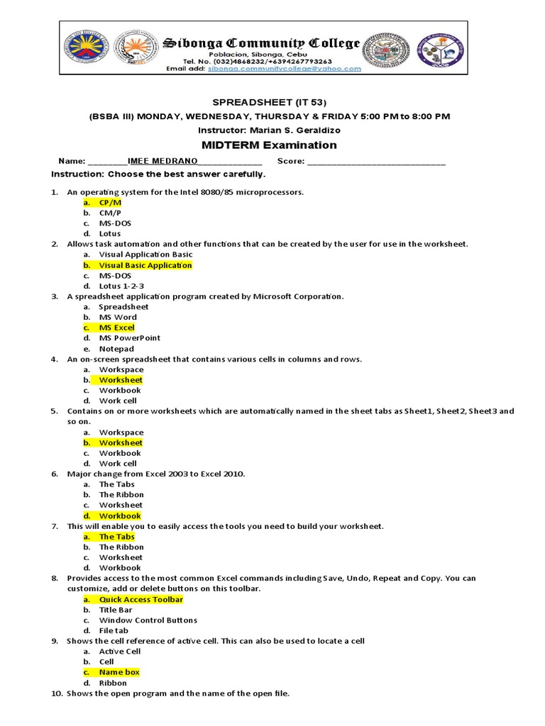 MIDTERM Examination: Spreadsheet (It 53 | PDF | Microsoft Excel | Spreadsheet