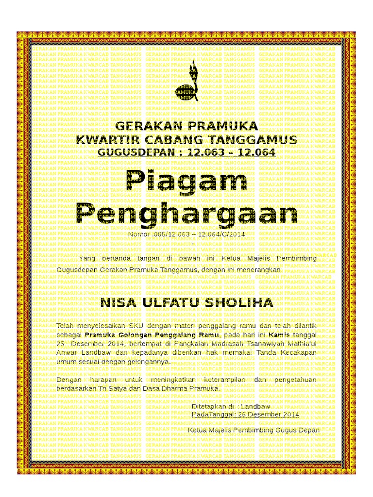 Piagam Penghargaan Gerakan Pramuka Kwarcab Tanggamus | PDF
