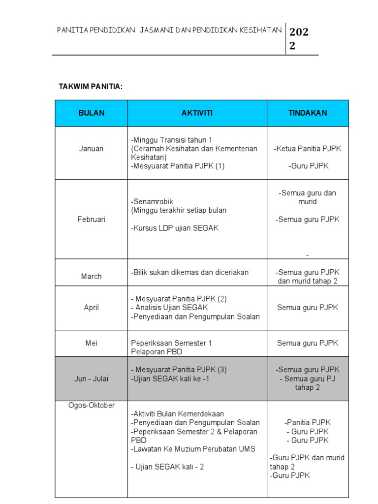 Takwim PJK 2022 | PDF