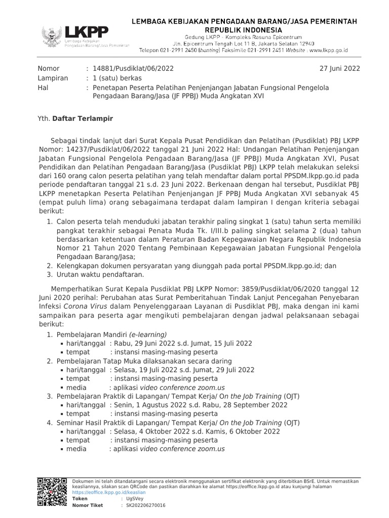 Surat Penetapan Peserta Pelatihan Penjenjangan JF PPBJ Muda XVI | PDF