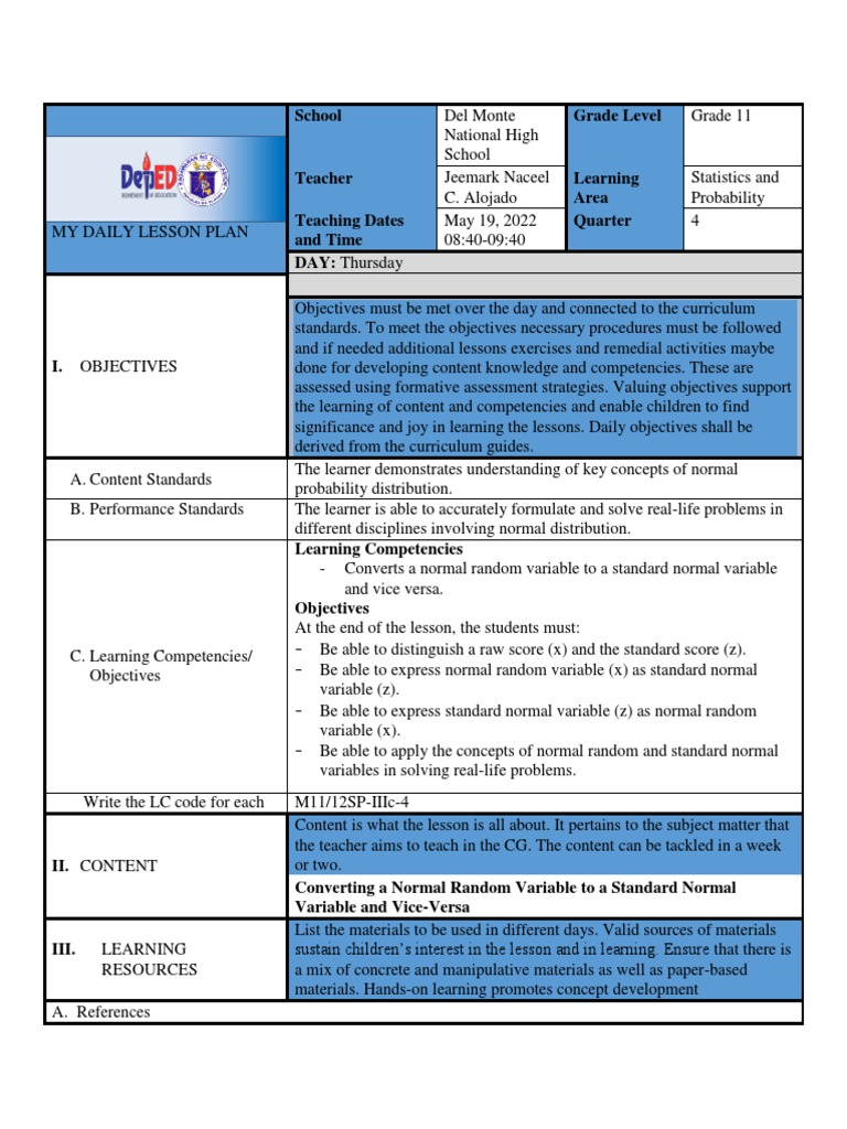 Daily Lesson Plan-STATISTICS AND PROBABILITY | PDF | Statistics ...