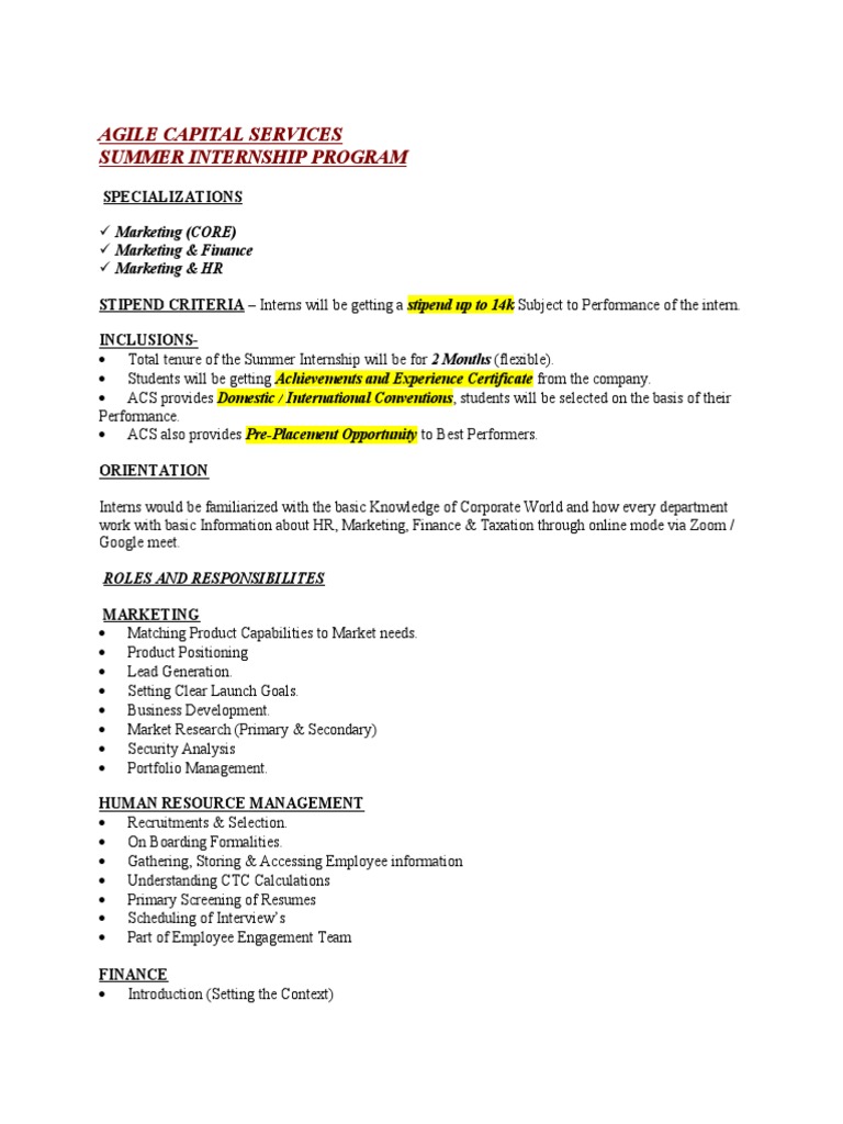 Agile Capital Services Summer Internship Program: Specializations | PDF ...