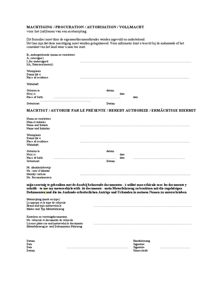 Machtiging Uitlenen Auto | PDF